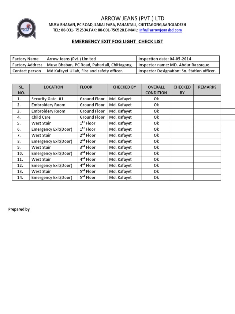 Emergency Exit Fog Light Check List | PDF