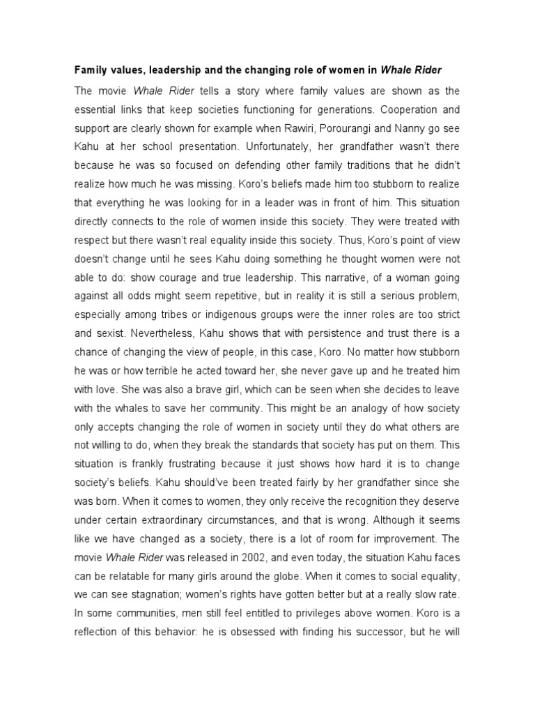 Family Values, Leadership and The Changing Role of Women in Whale Rider ...