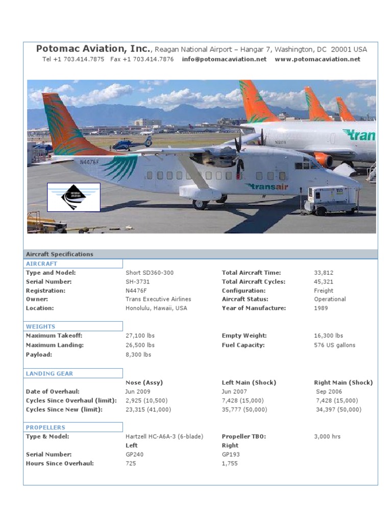 Short SD360 Aircraft Specs: Potomac Aviation Hangar 7 - Reagan National ...
