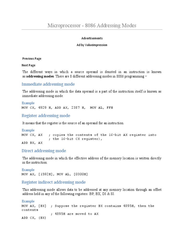 Microprocessor - 8086 Addressing Modes | PDF