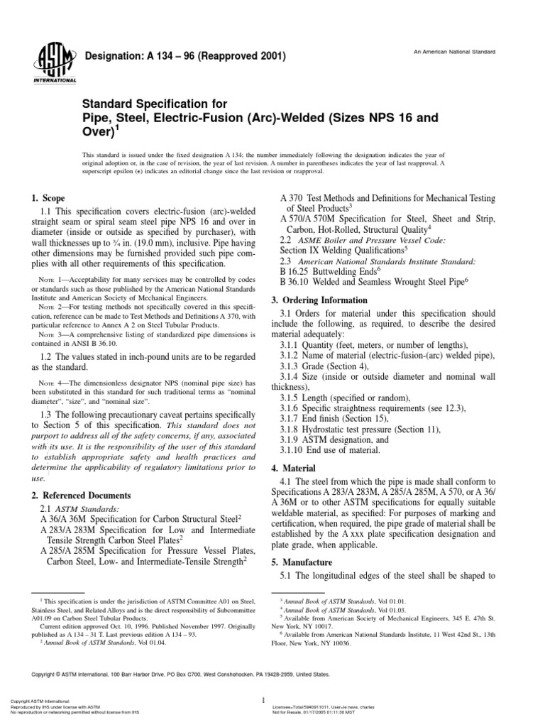 Astm A 134 .96 | PDF | Pipe (Fluid Conveyance) | Strength Of Materials