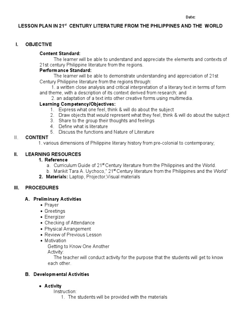 DAY 1 LESSON PLAN IN 21st CENTURY LITERATURE FROM THE PHILIPPINES AND ...