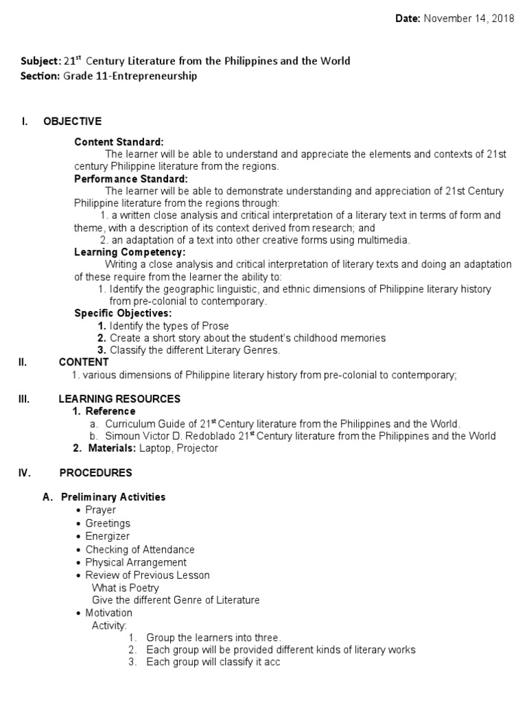 21st Century Literature Lesson Plan | PDF | Lesson Plan | Learning