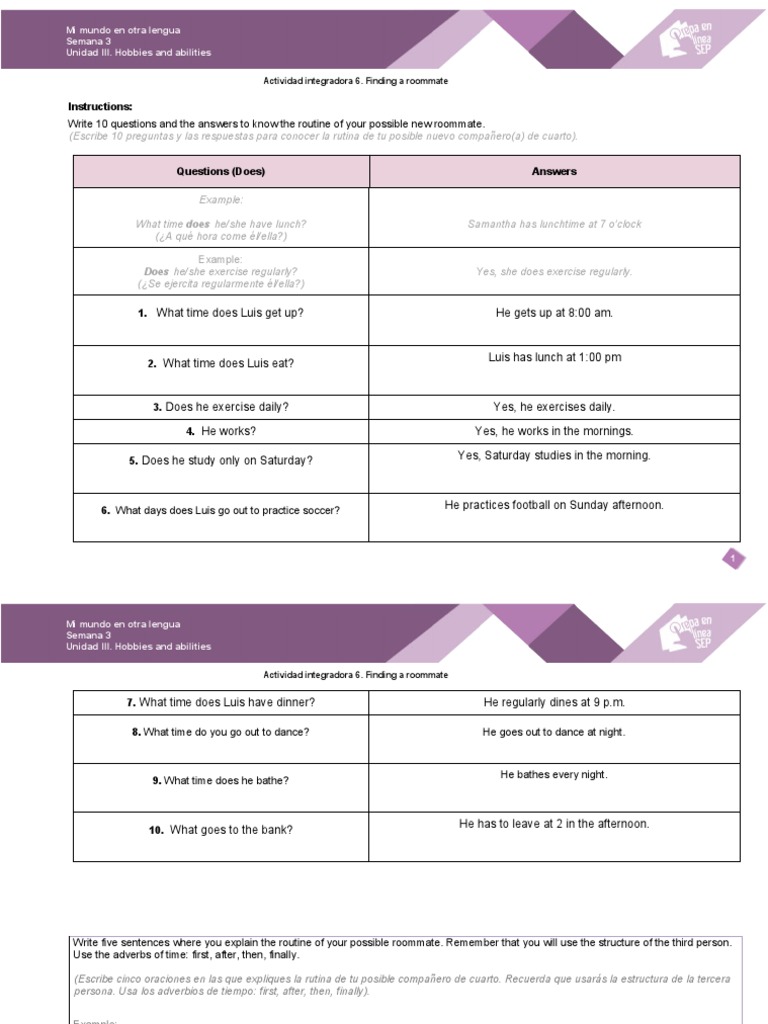 Instructions:: Write 10 Questions and The Answers To Know The Routine ...
