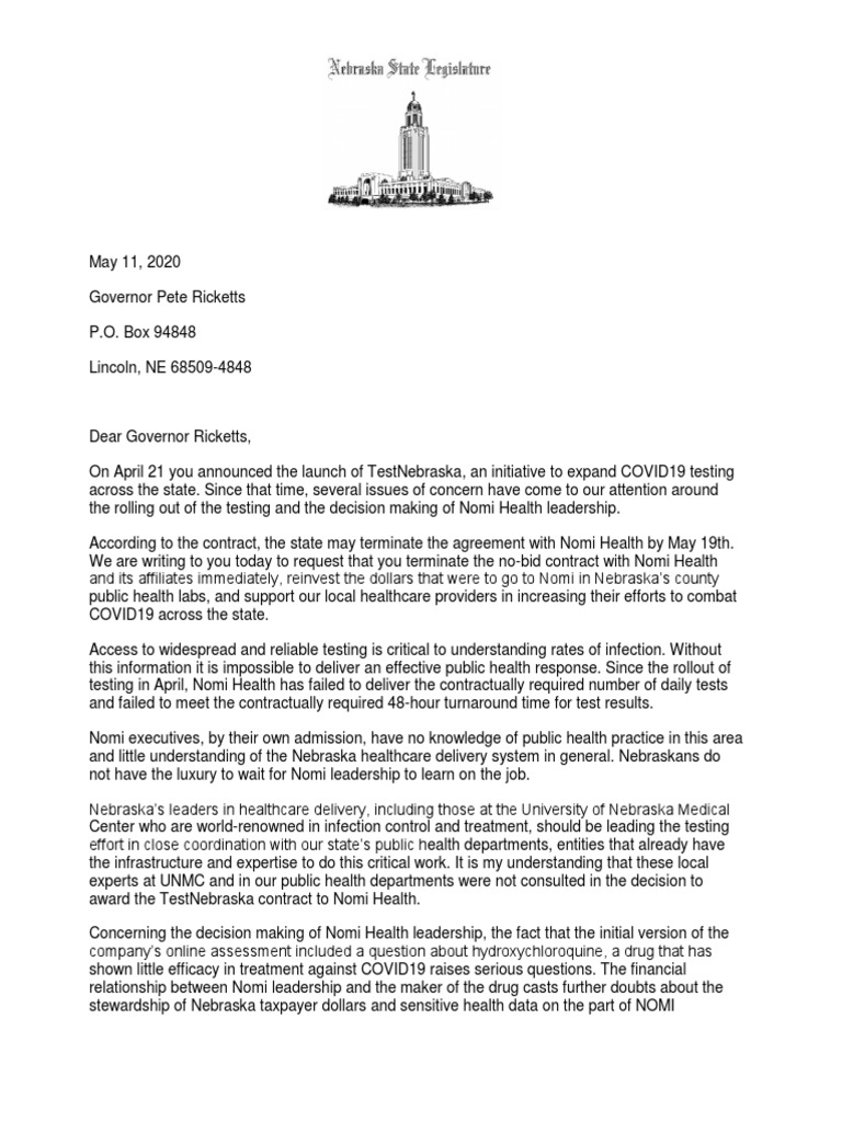 Test Nebraska Letter To Governor Ricketts | PDF | Public Health ...