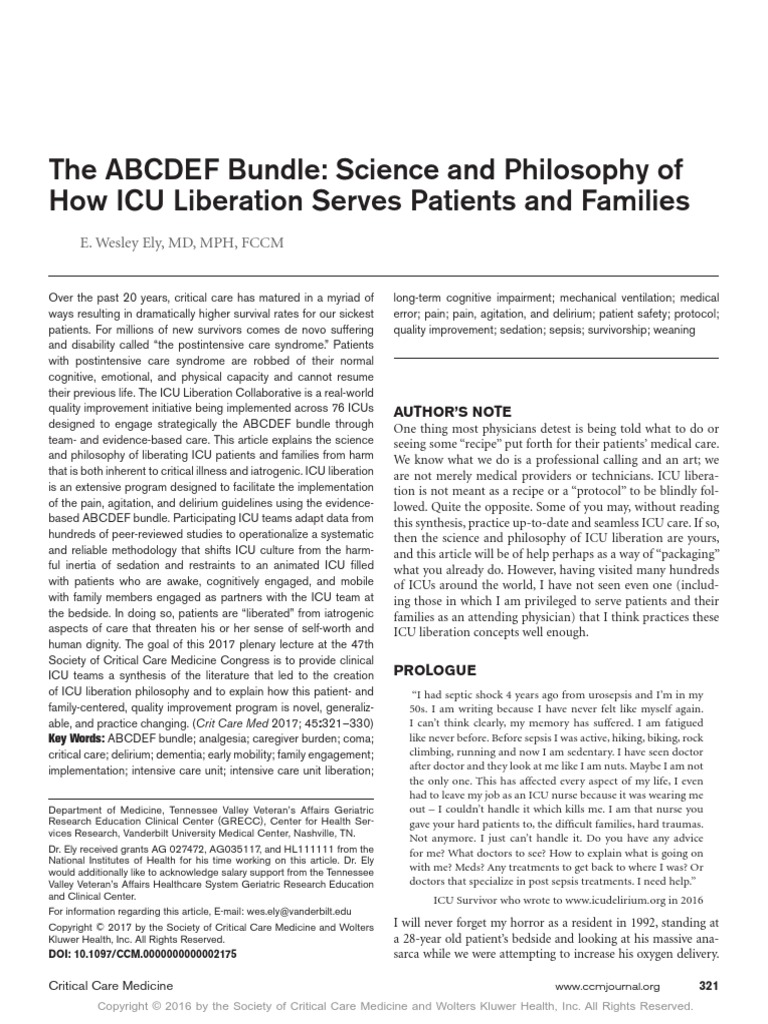 Ely2017 The ABCDEF Bundle, Science and Philosophy of How ICU Liberation Serves Patients and ...