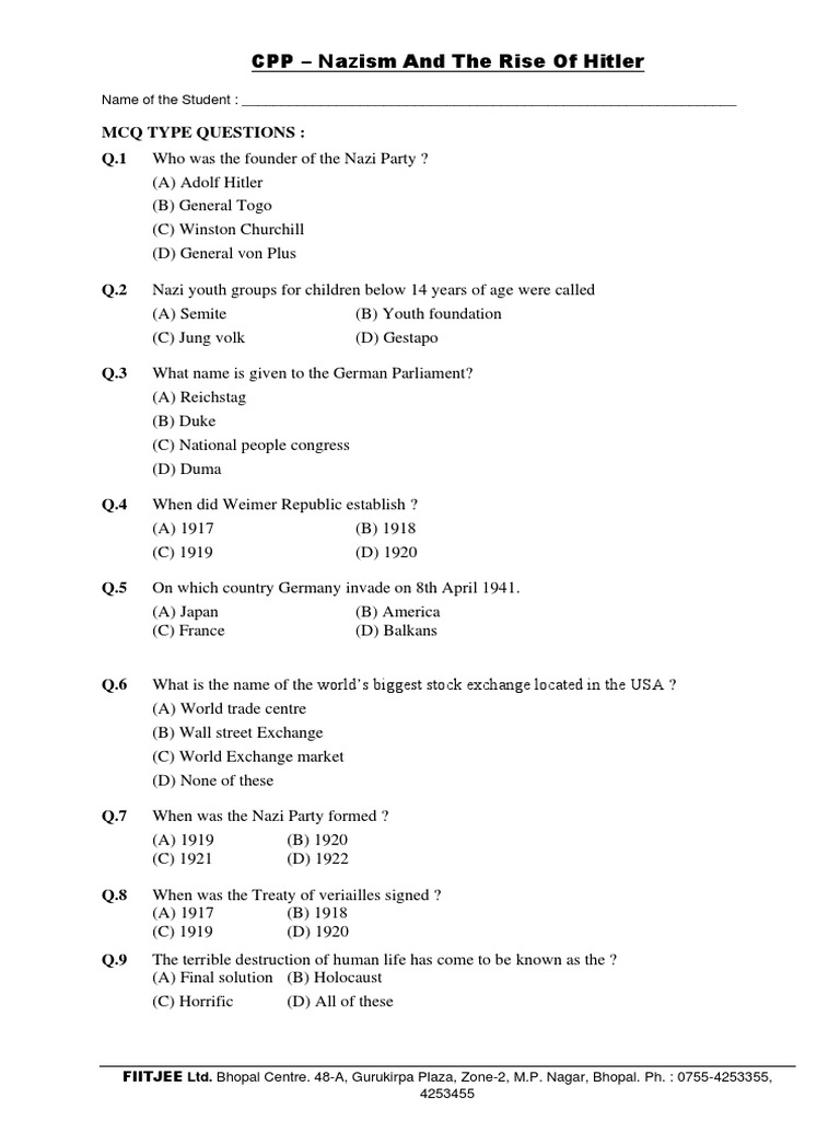 CPP - Nazism and The Rise of Hitler: MCQ Type Questions: Q.1 | PDF ...
