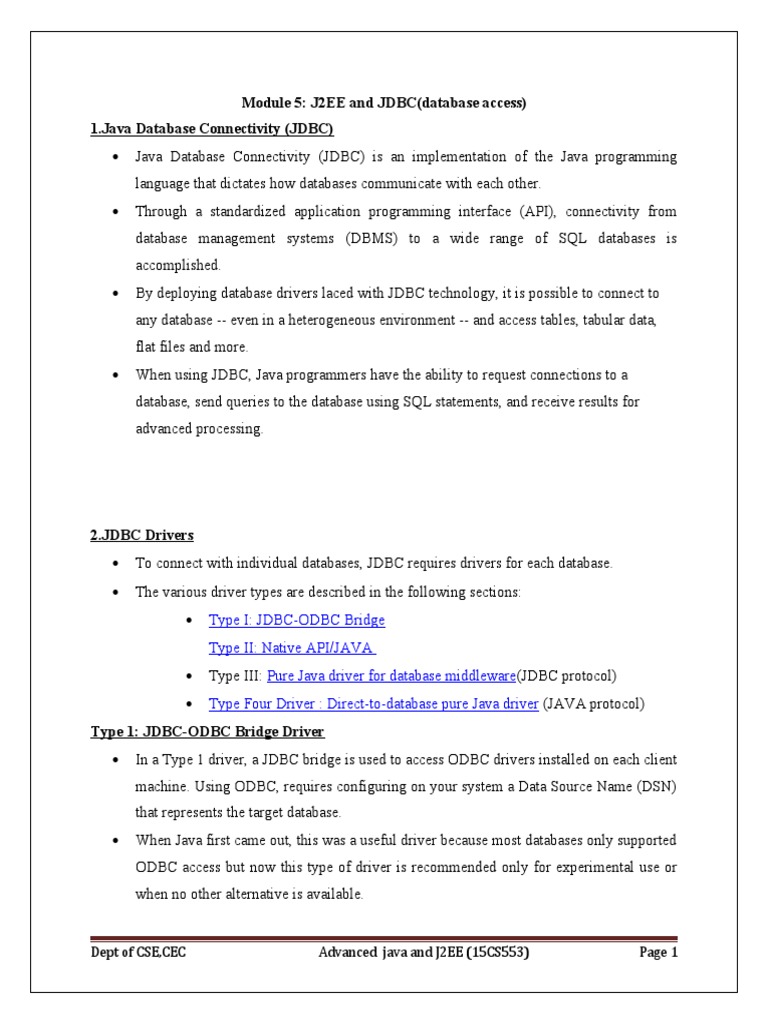 Module 5: J2EE and JDBC (Database Access) 1.java Database Connectivity ...