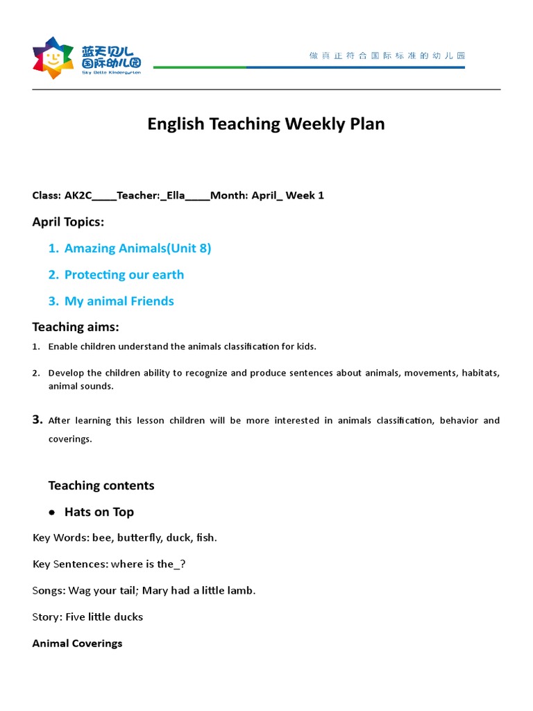 English Teaching Weekly Plan: April Topics | PDF
