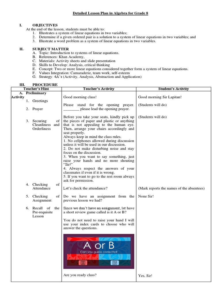 Detailed Lesson Plan in Algebra For Grade 8 | PDF | Equations | System ...