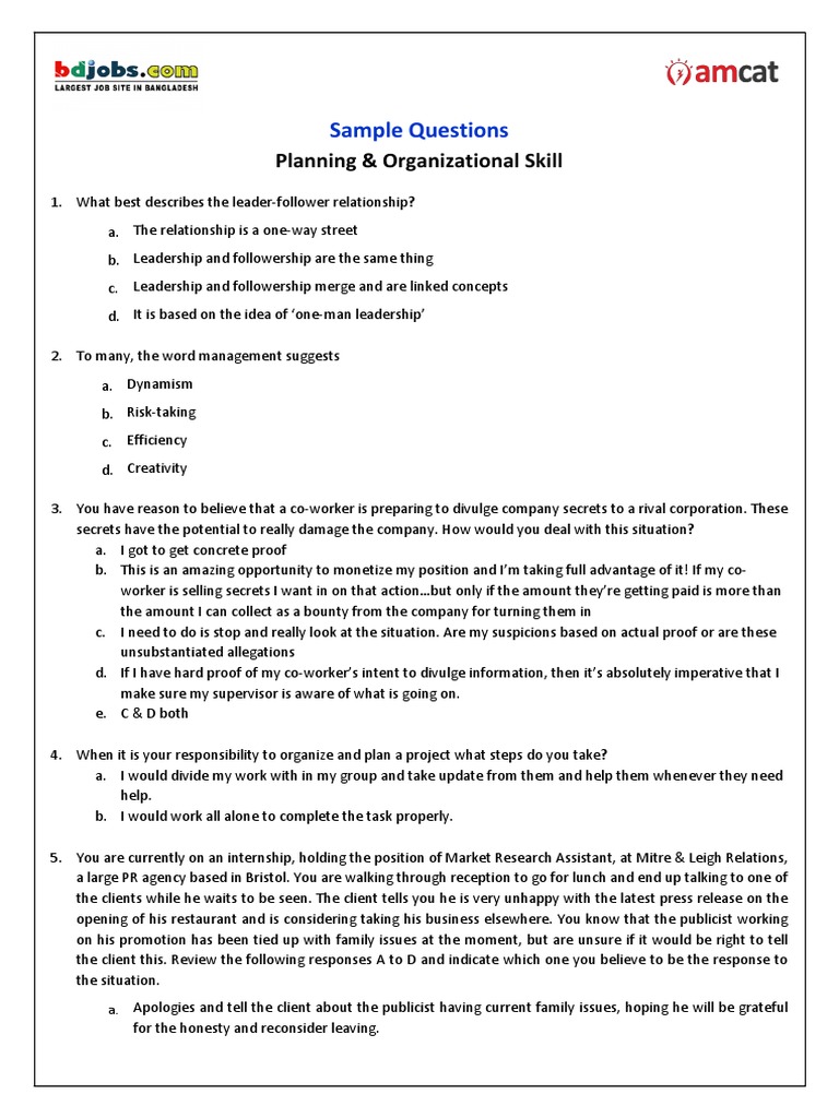 Sample Questions: Planning & Organizational Skill | PDF | Leadership ...