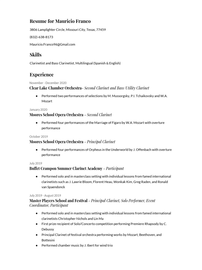Resume For Mauricio Franco: November - December 2020 | PDF | Orchestras ...