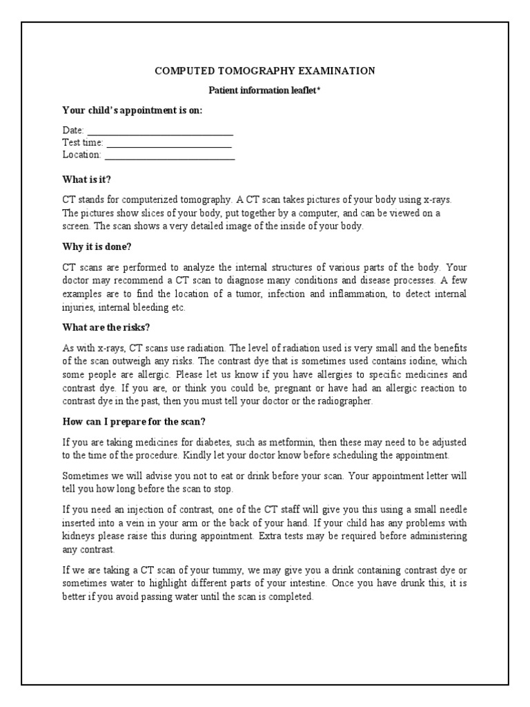Computed Tomography Examination: Patient Information Leaflet | PDF | Ct ...