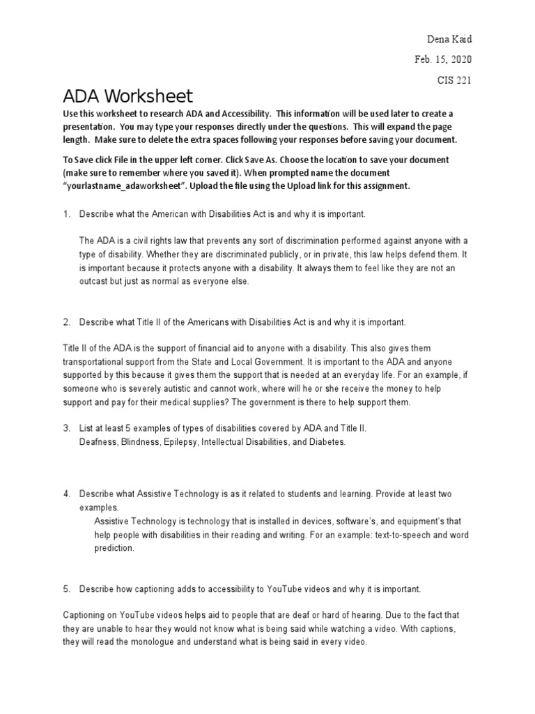 Ada Worksheet 1 | PDF | Americans With Disabilities Act Of 1990 ...