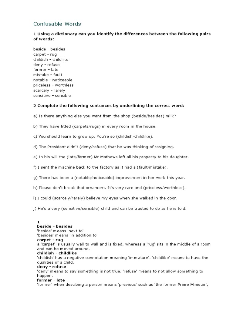 Confusable Words: 1 Using A Dictionary Can You Identify The Differences ...