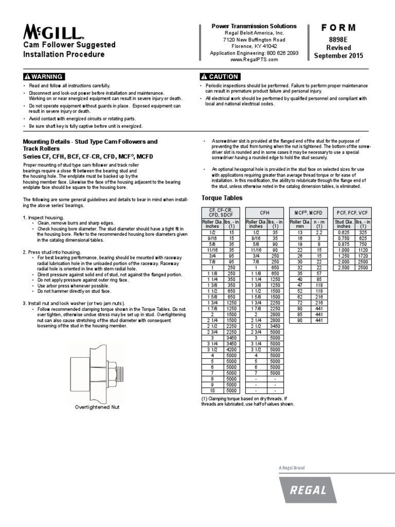 Cam Follower Suggested Installation Procedure: Power Transmission ...