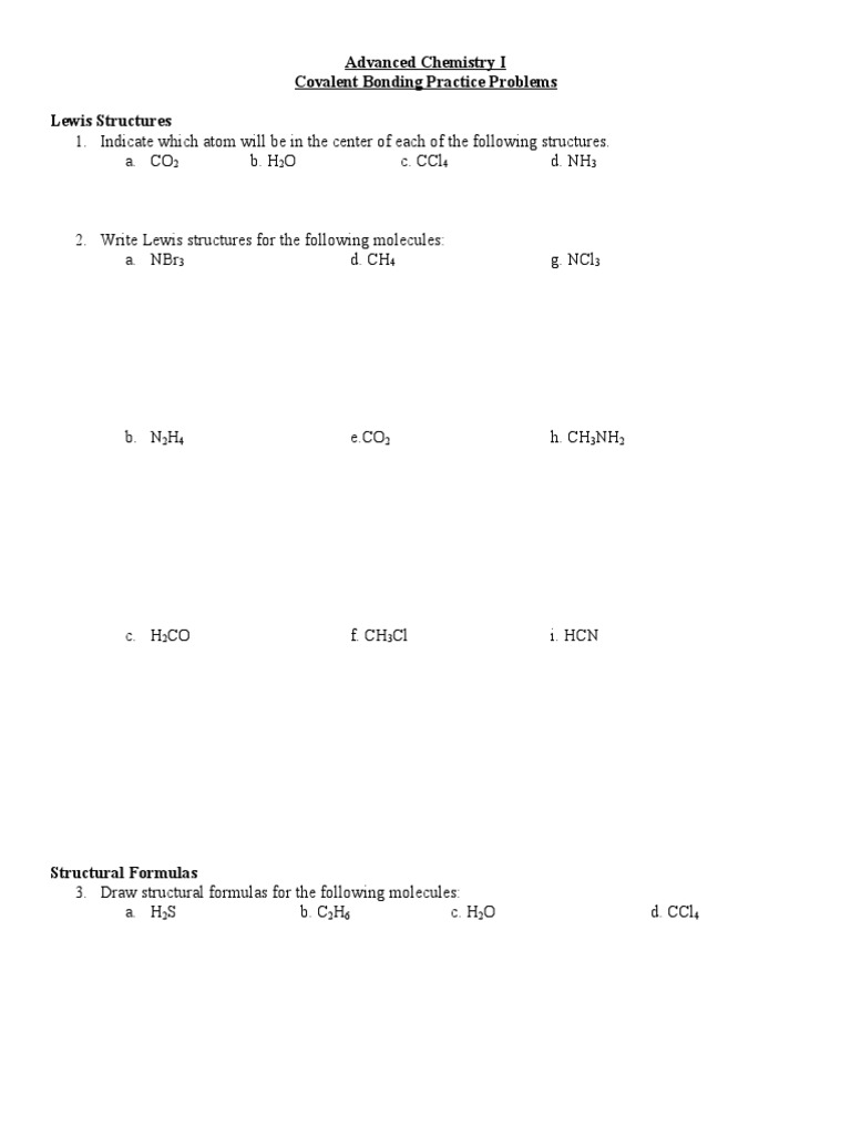 Advanced Chemistry I Covalent Bonding Practice Problems Lewis ...