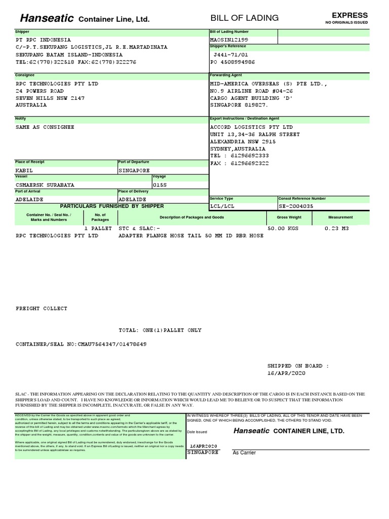 HBL Format For PT RPC - LCL - BATAM TO Adelaide | PDF | Cargo | Bill Of ...
