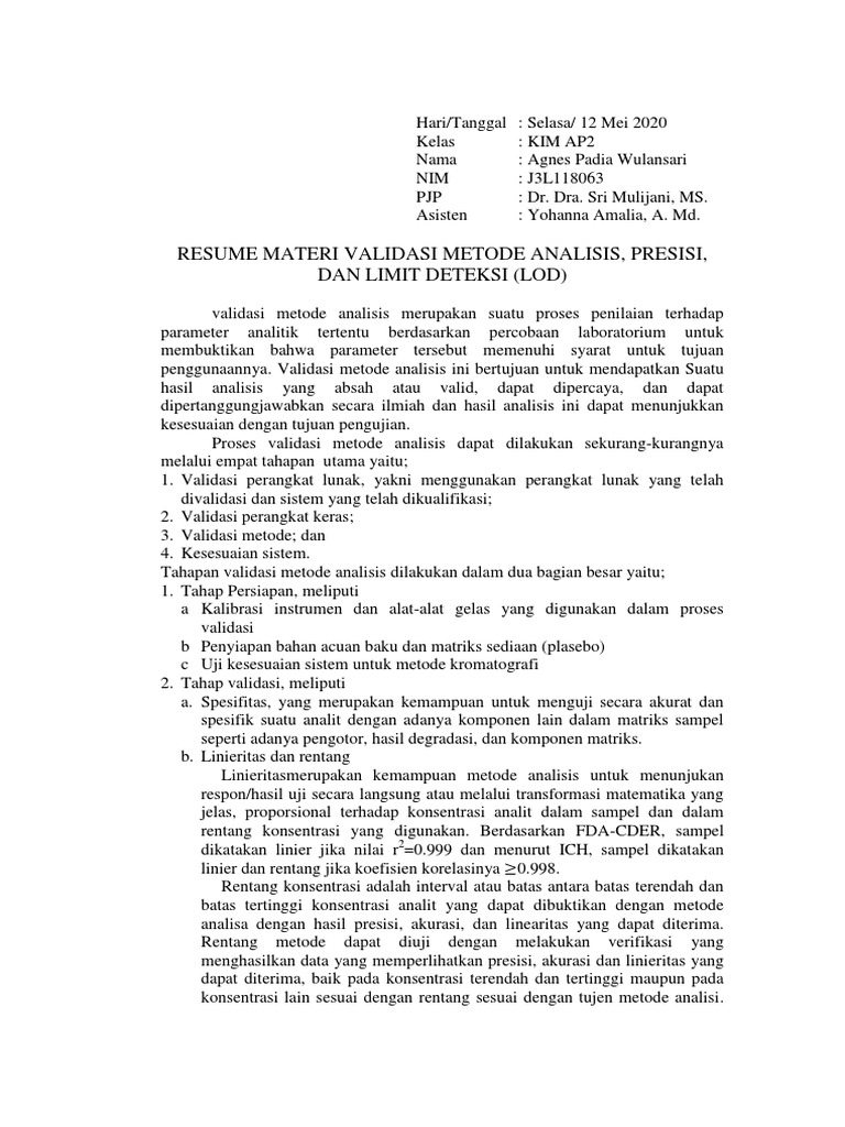 Agnes Padia Wulansari - J3L118063 - AP2 - Resume Materi Validasi Metode Analisis PDF | PDF