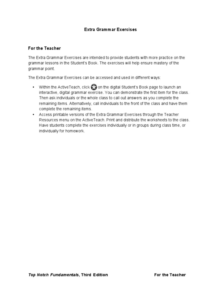 Extra Grammar Exercises: Top Notch Fundamentals, Third Edition | PDF