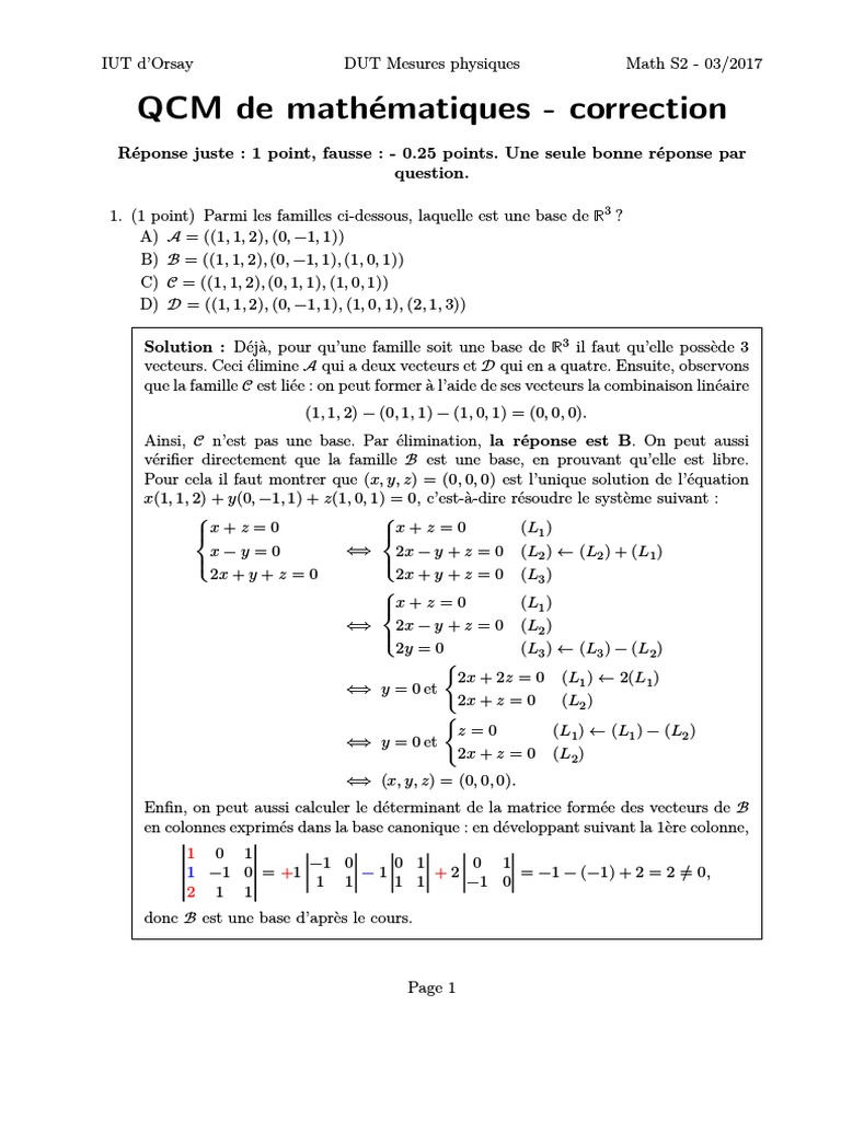 Correction QCM Algèbre Linéaire | PDF | Base (algèbre linéaire ...