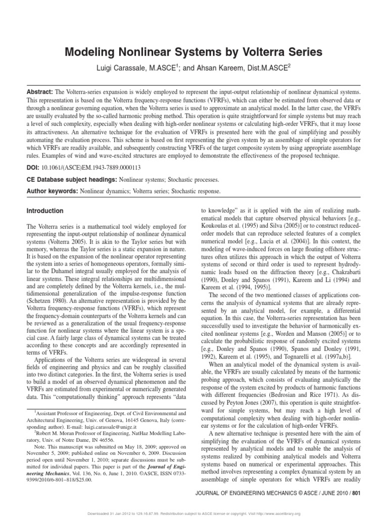 Modeling Nonlinear Systems by Volterra Series: Luigi Carassale, M.ASCE and Ahsan Kareem, Dist.M ...