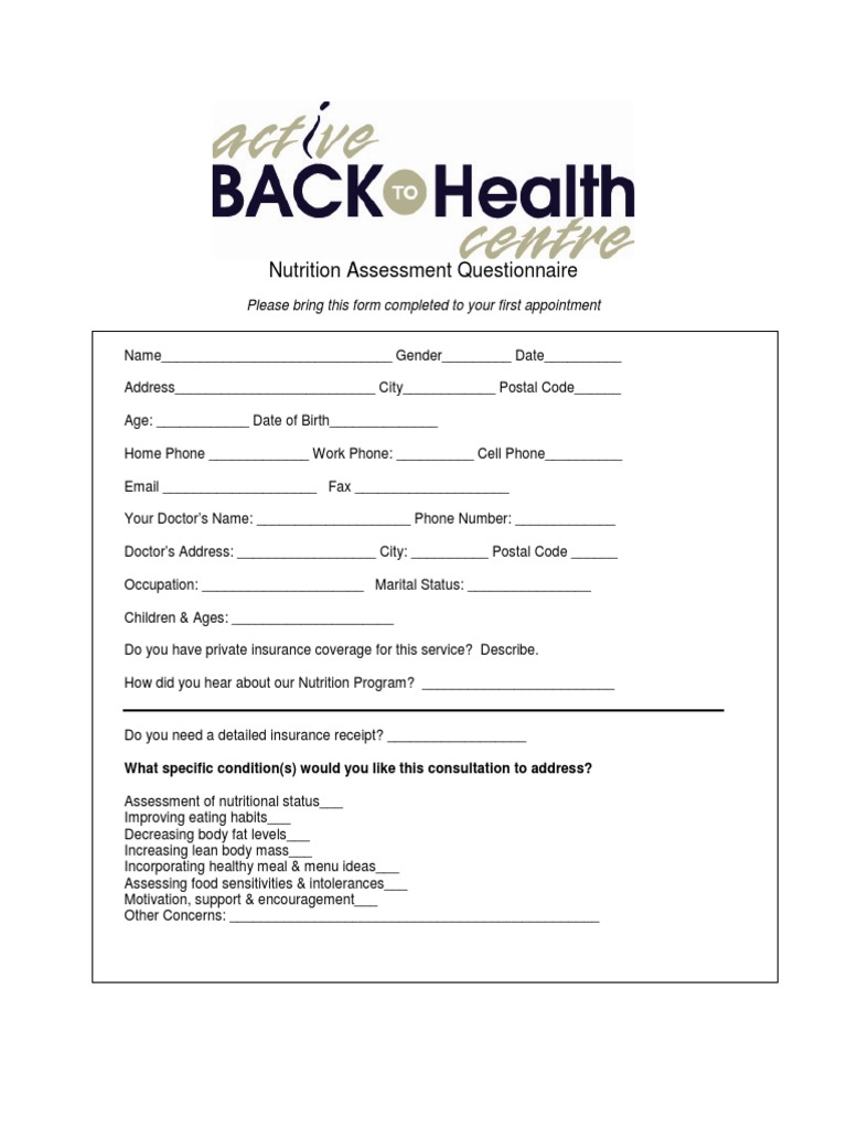 Nutrition Assessment Questionnaire: Please Bring This Form Completed To ...