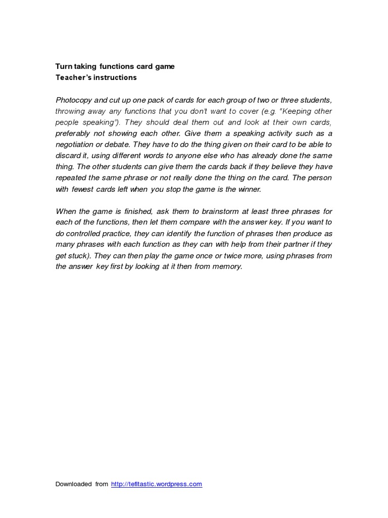Turn Taking Functions Card Game | PDF | Language Arts & Discipline