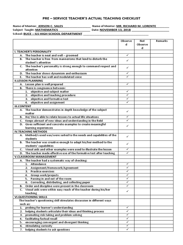 Pre-Service Actual Teaching Checklist | Download Free PDF | Teaching Method | Teachers