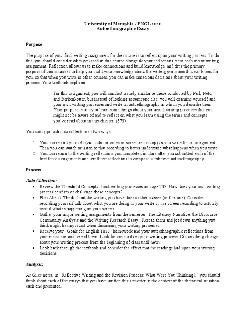 Autoethnography Essay Assignment | PDF | Essays | Behavior Modification