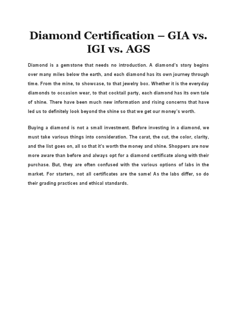 Diamond Certification GIA Vs IGI Vs AGS | PDF