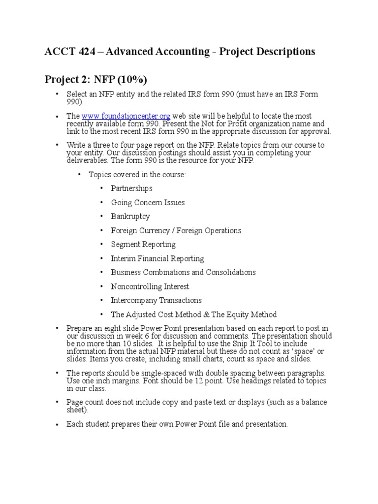 ACCT 424 - Advanced Accounting - Project Descriptions Project 2: NFP ...