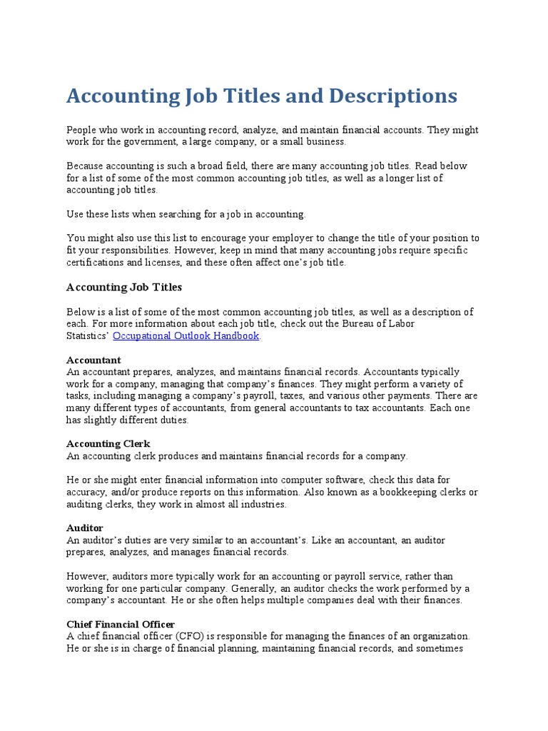 Accounting Job Titles and Descriptions Zezi | PDF | Chief Financial ...