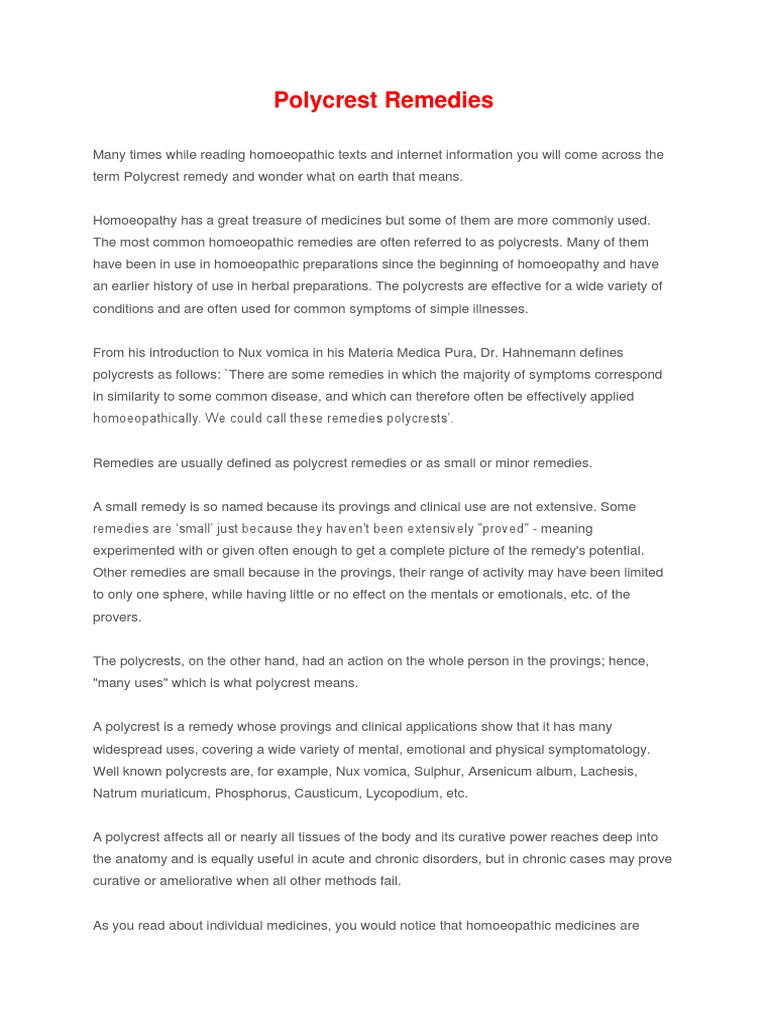 Polycrest Remedies | PDF | Homeopathy | Symptom