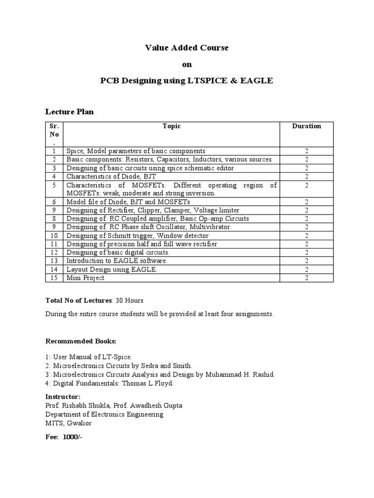 Value Added Course On PCB Designing Using LTSPICE & EAGLE: Lecture Plan ...