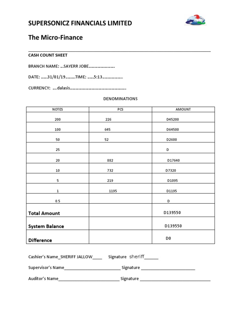 Supersonicz Financials Limited The Micro-Finance: Cash Count Sheet | PDF