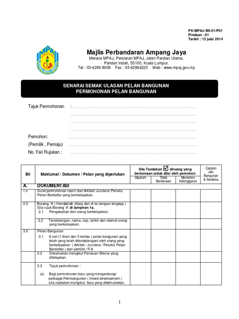 Senarai - Semak - Permohonan - Pelan - Bangunan - Jabatan (MPAJ) | PDF