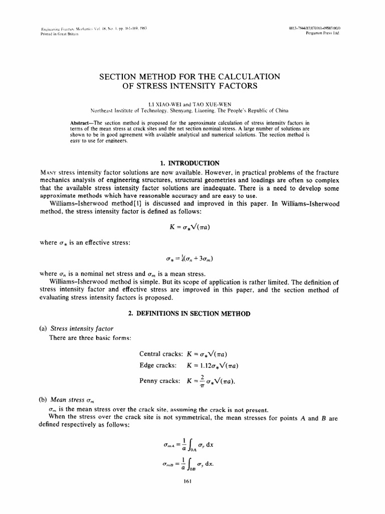 Section Method For The Calculation of Stress Intensity Factor | PDF ...