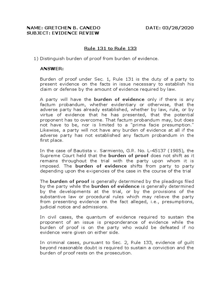 ANSWERS To Questions-Rule-131-To-Rule-133 | PDF | Burden Of Proof (Law ...