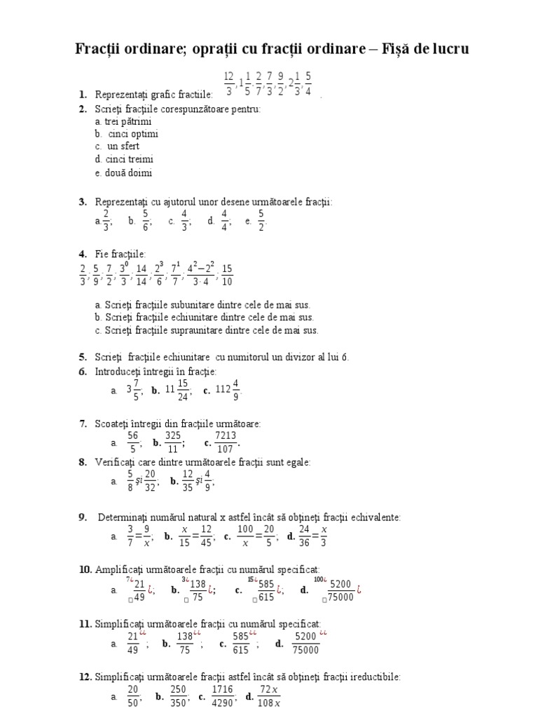 Operatii Cu Fractii Ordinare Fisa de Lucru | PDF