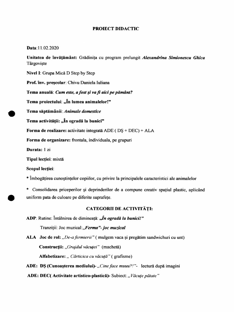 Proiect Didactic Animale Domestice | PDF