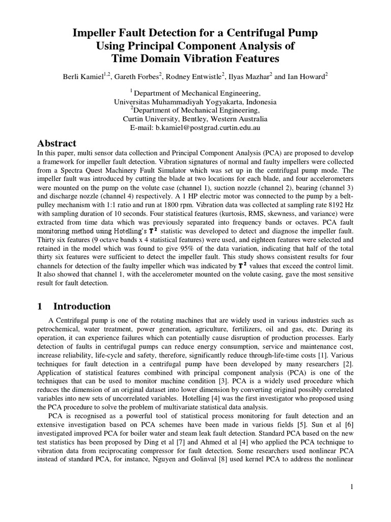 Impeller Fault Detection For A Centrifugal Pump Using Principal Component Analysis of Time ...