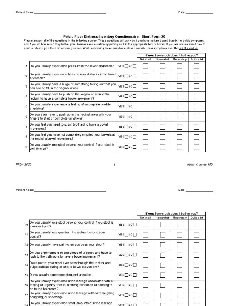 Pelvic Floor Distress Inventory Questionnaire - Short Form 20 | PDF ...