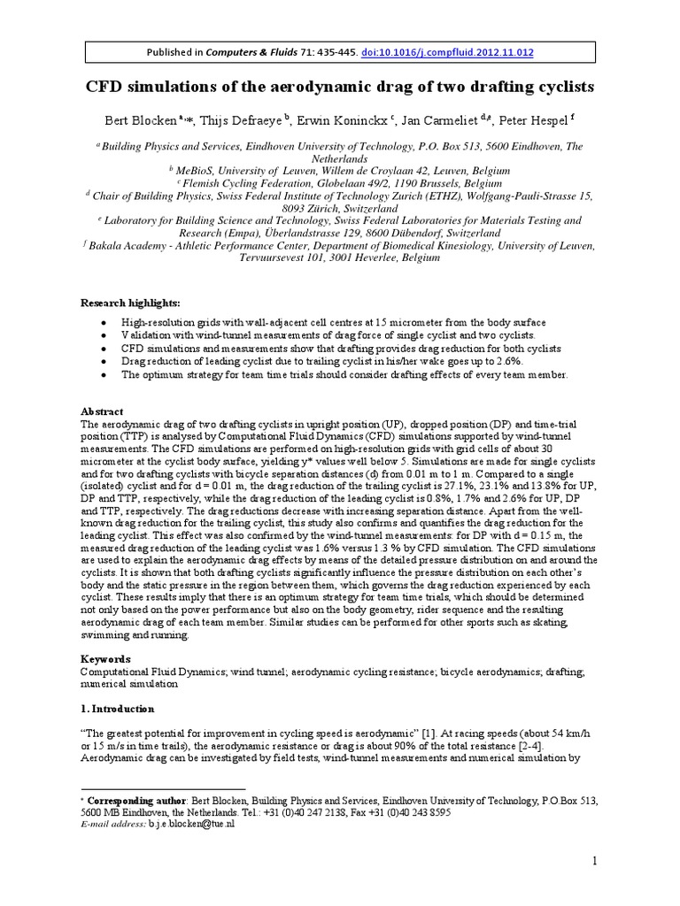 CFD Simulations of The Aerodynamic Drag of Two Drafting Cyclists | PDF ...