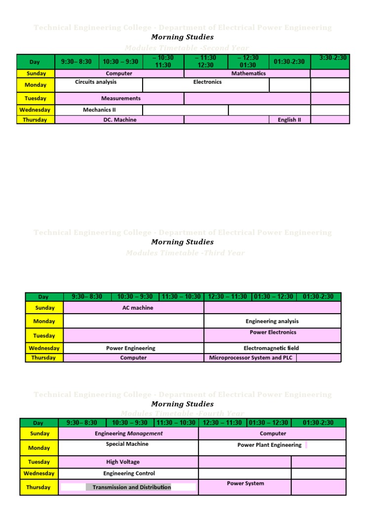 Timetable for Electrical Power Engineering Modules Across Four Years of ...