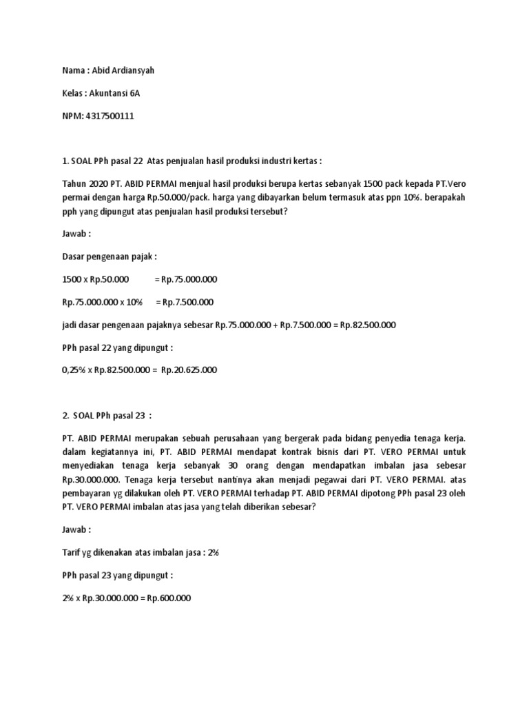Soal PPH Pasal 22,23,4 Ayat 2 (Final) Abid Ardiansyah | PDF