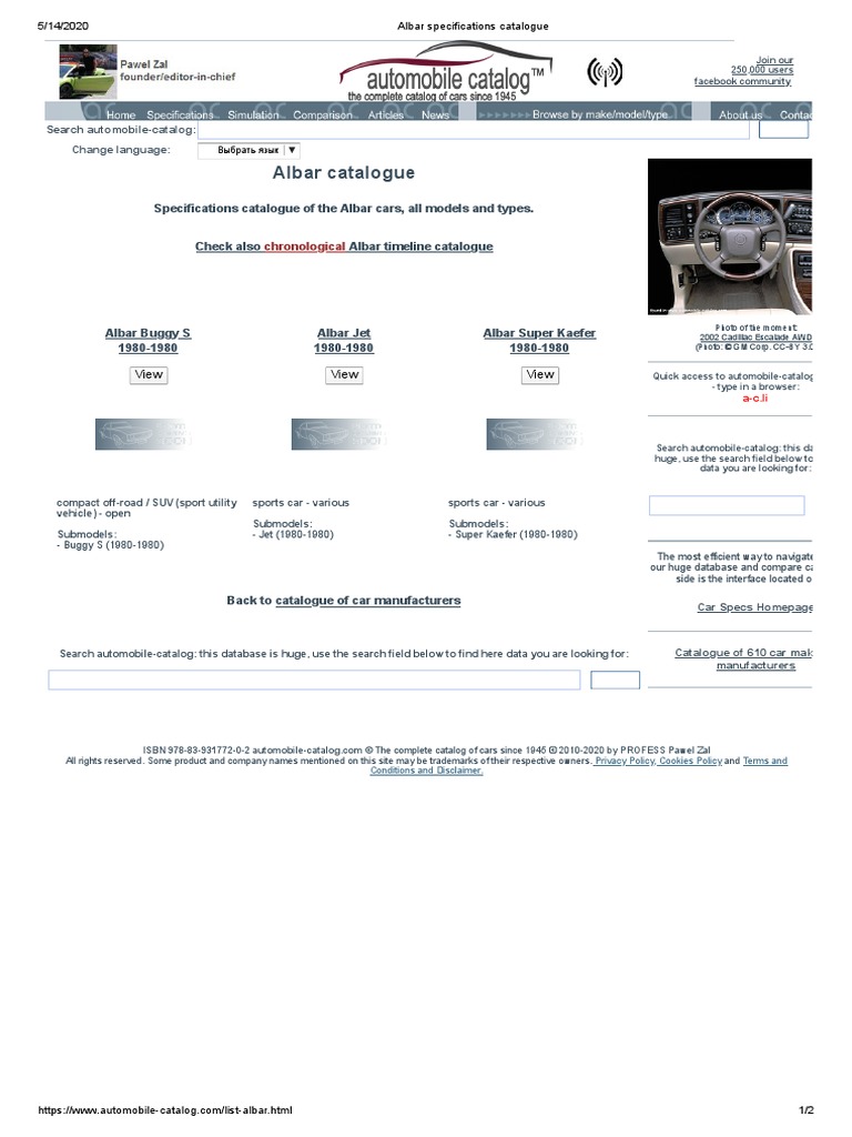 Albar Catalogue: Specifications Catalogue of The Albar Cars, All Models ...
