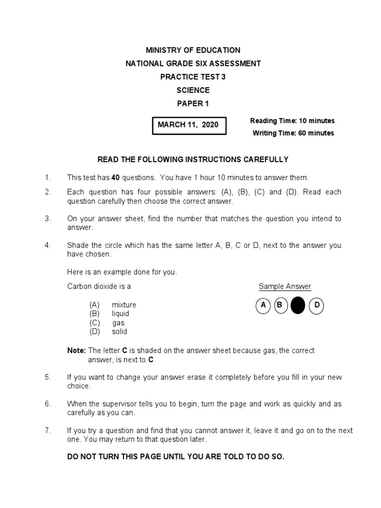 National Grade 6 Assessment Practice Test 2020 Science P1 and Mark ...