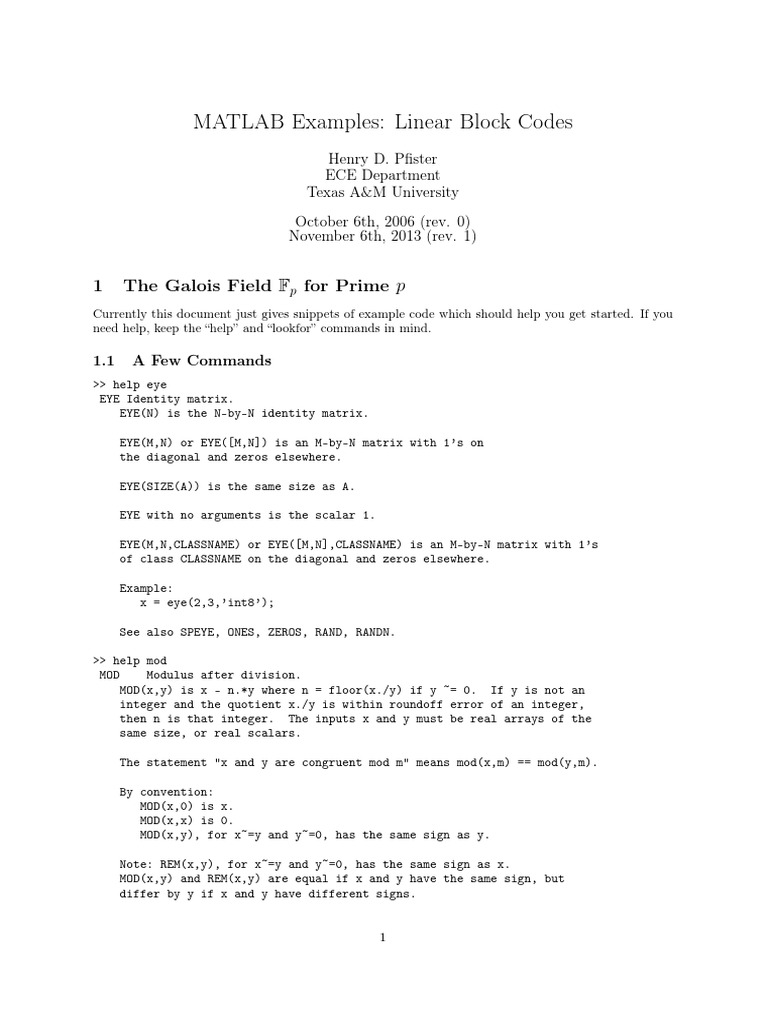 MATLAB Examples: Linear Block Codes: 1 The Galois Field F For Prime P ...
