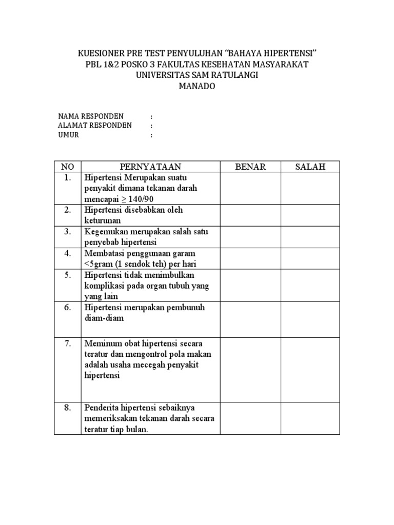 Kuesioner Pre Test Penyuluhan | PDF